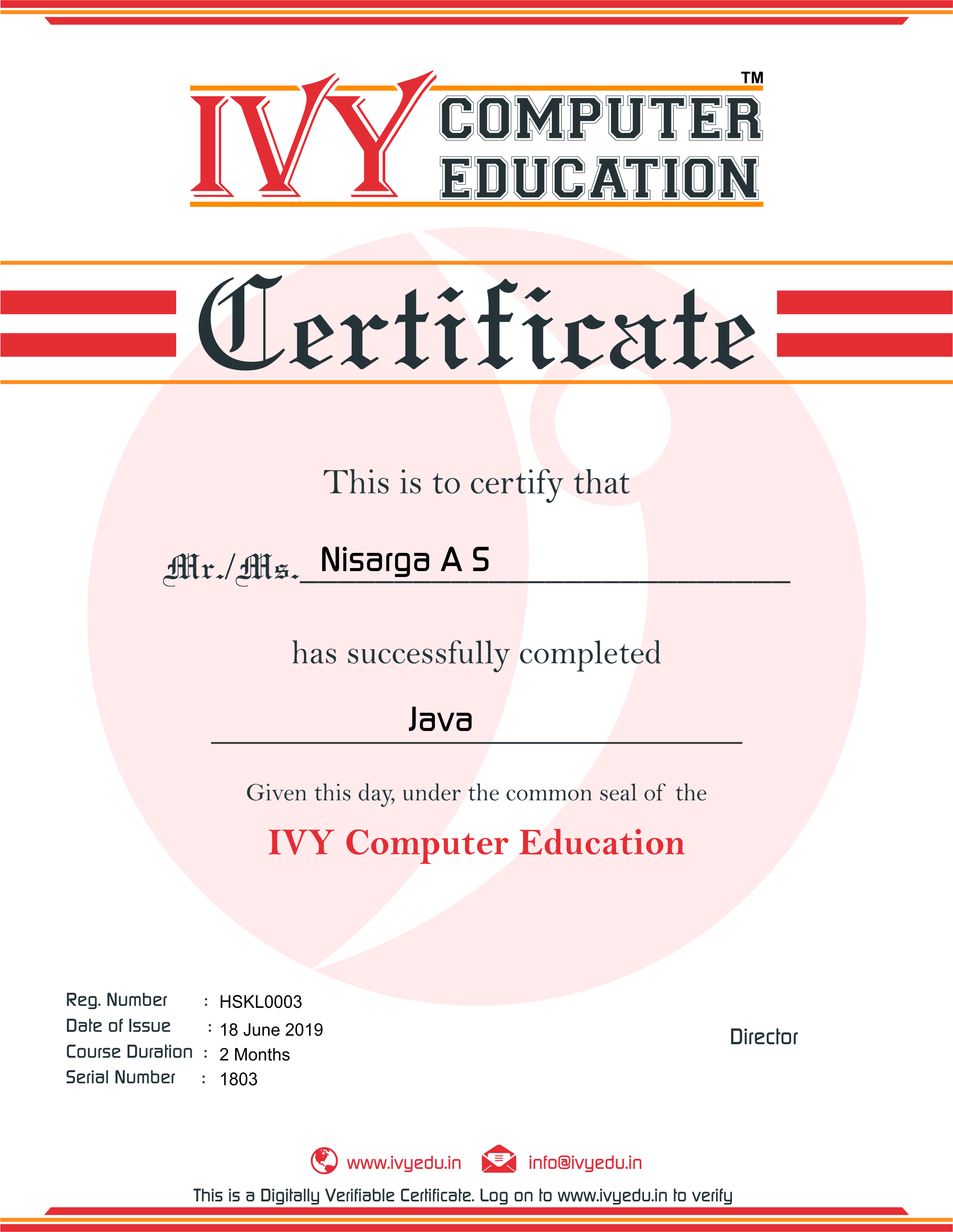 Computer Institute Certificate